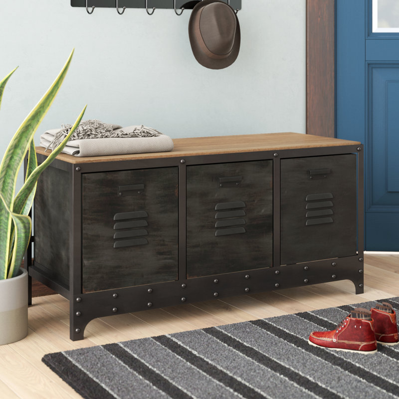 Metal Low Profile 3 Drawers Room Storage Bench with Brown Wood Top